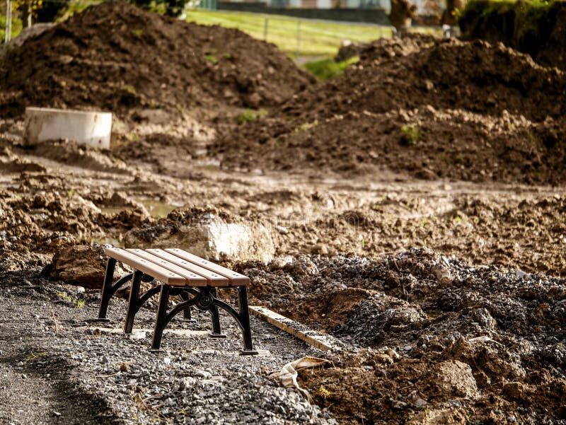 Metal Bench Installed, Park Renovation. Ground Work in Progress Stock ...