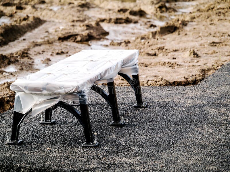 Metal Bench Installed, Park Renovation. Ground Work in Progress Stock ...