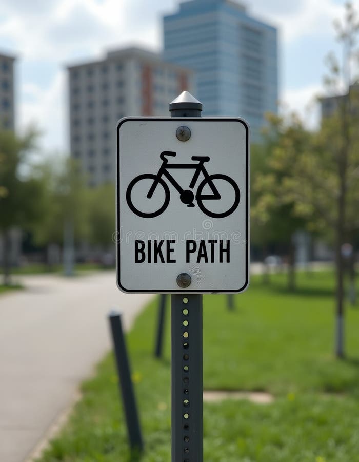 Metal Bike Path Sign in Urban Park Setting Stock Illustration ...