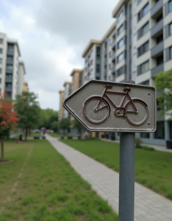Metal Bike Path Sign in Urban Park Setting Stock Illustration ...