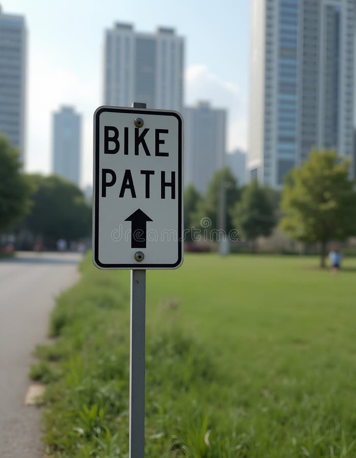 Metal Bike Path Sign in Urban Park Setting Stock Illustration ...