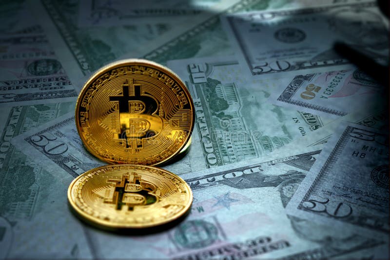Metal Bitcoin Crypto Currency Standing on Dollar Floor Stock Image ...