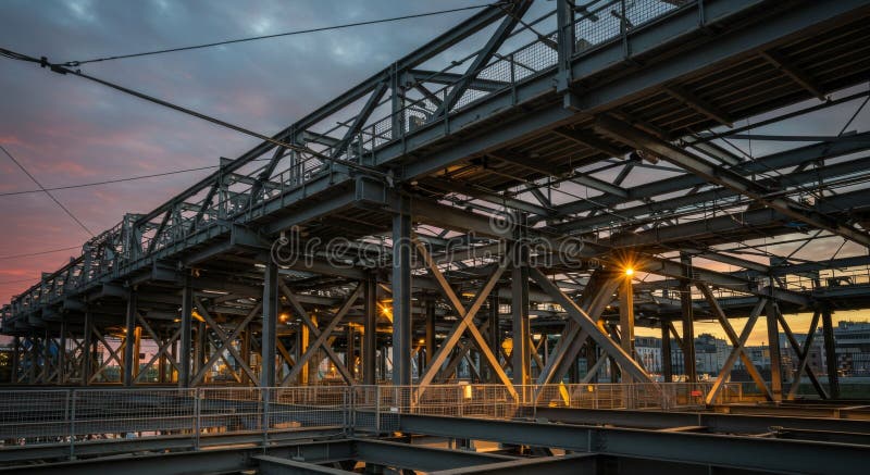 Metal Bridge Structure at Sunset Stock Illustration - Illustration of ...