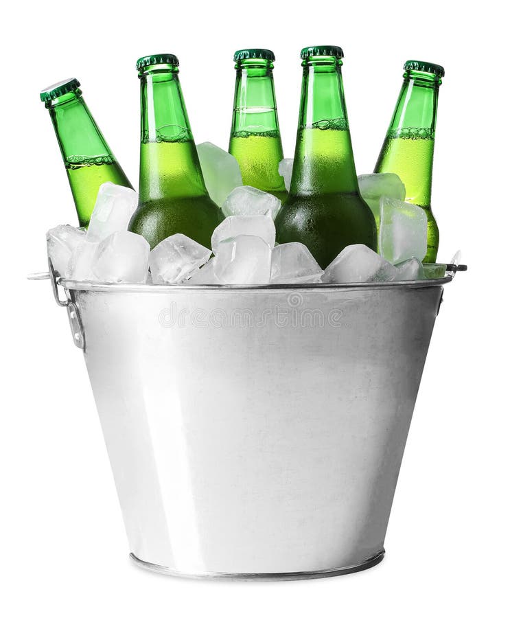 Metal Bucket with Bottles of Beer and Ice Cubes on White Background ...