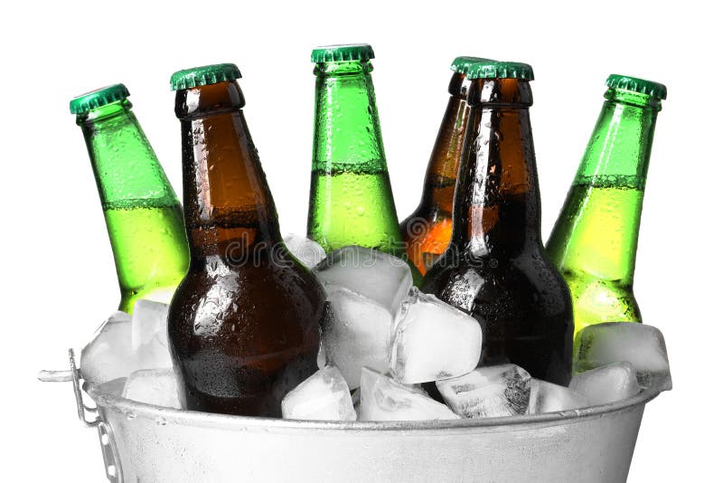 Metal Bucket with Different Bottles of Beer and Ice Cubes on White ...