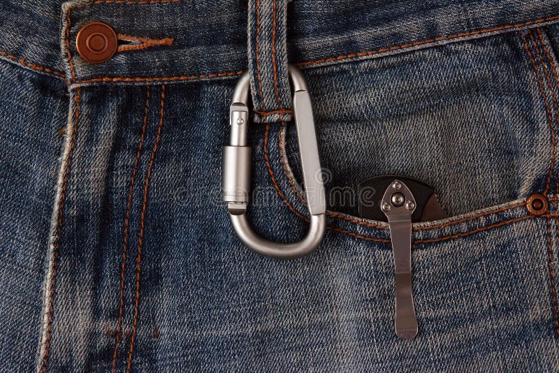 Metal Carabiner and Tools on the Jeans Stock Image - Image of fastener ...