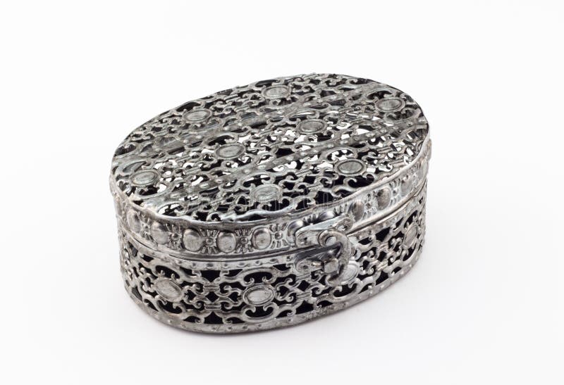 Carved Metal Jewelry Box Isolated with Pearls on White Background Stock ...