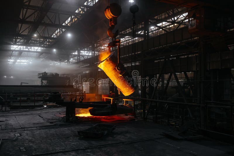Metal Casting Process in Metallurgical Plant, Liquid Hot Metal Pouring ...