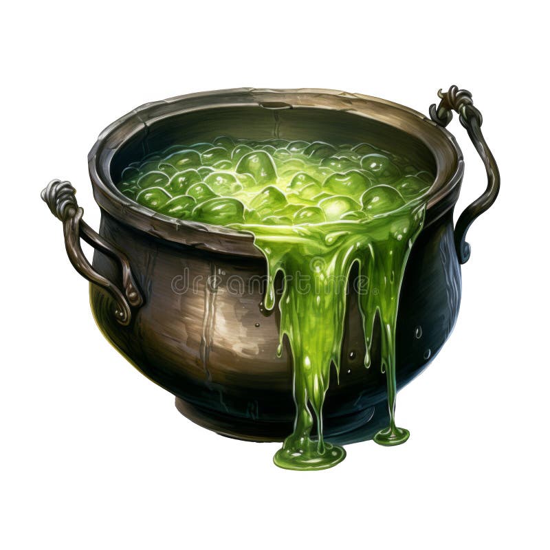 A Metal Cauldron Filled with Green Bubbling Liquid, Overflowing and ...