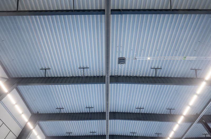 Industrial Ceiling with Metal Beams, Ventilation Ducts, and Fluorescent Lighting Stock Photo ...