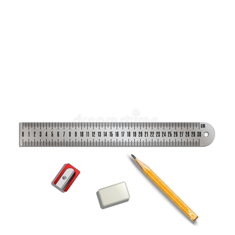 Metal Centimeter Ruler, Used Short Pencil, Red Pencil Sharpener ...