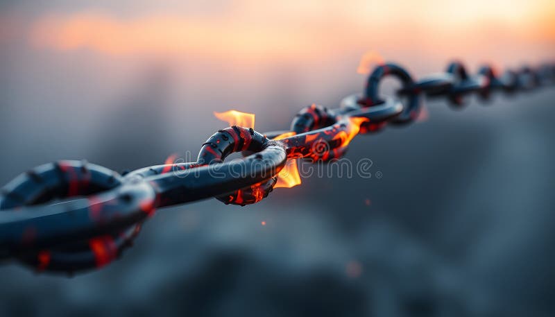 A Close Up of a Metal Chain with Fire and Orange Light Against a ...