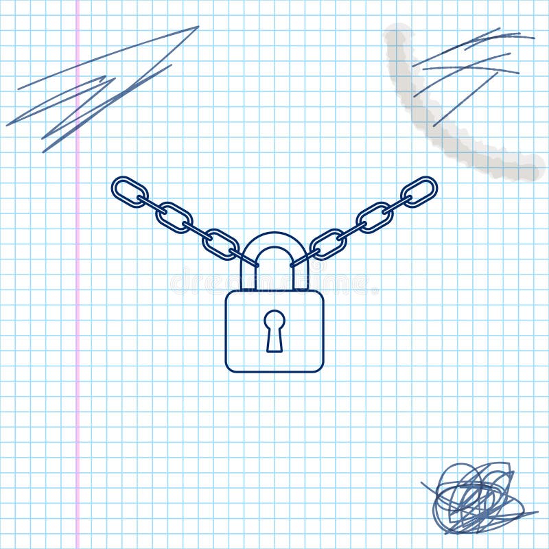 Metal Chain And Lock Line Sketch Icon Isolated On White Background Padlock And Steel Chain