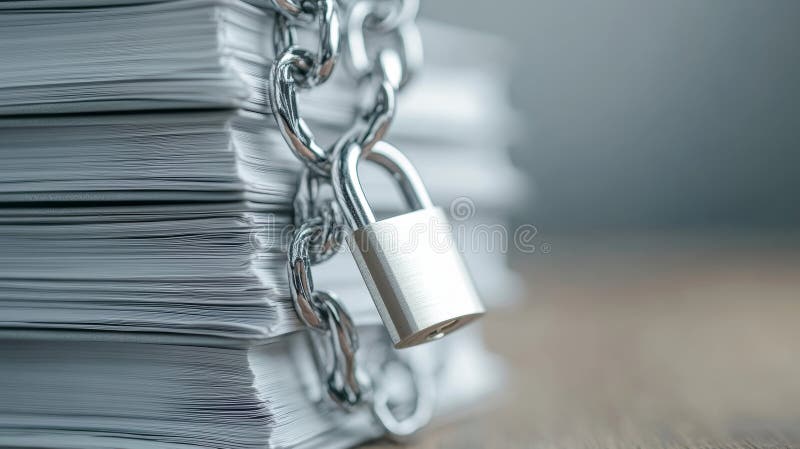 Metal Chain and Padlock Securing a Stack of Paper Files Symbolizing ...