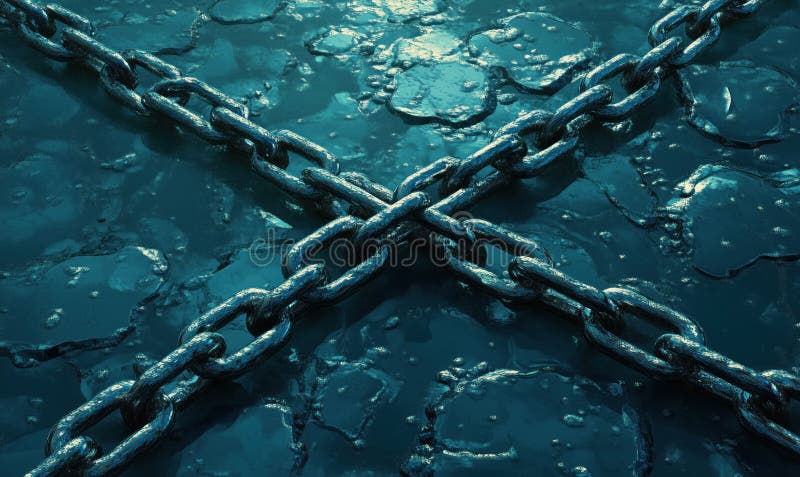 Metal Chains Crossing Over Textured Surface with Water Reflections and ...