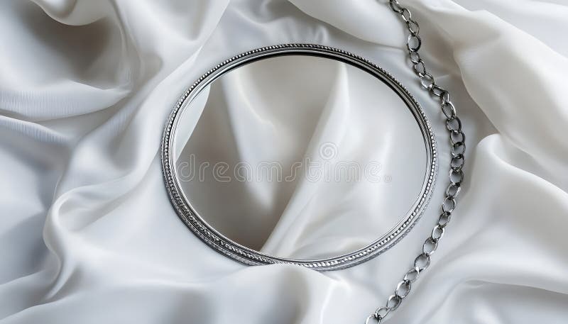 Metal Chains and Mirror on White Fabric. Luxury Jewelry Stock Photo ...