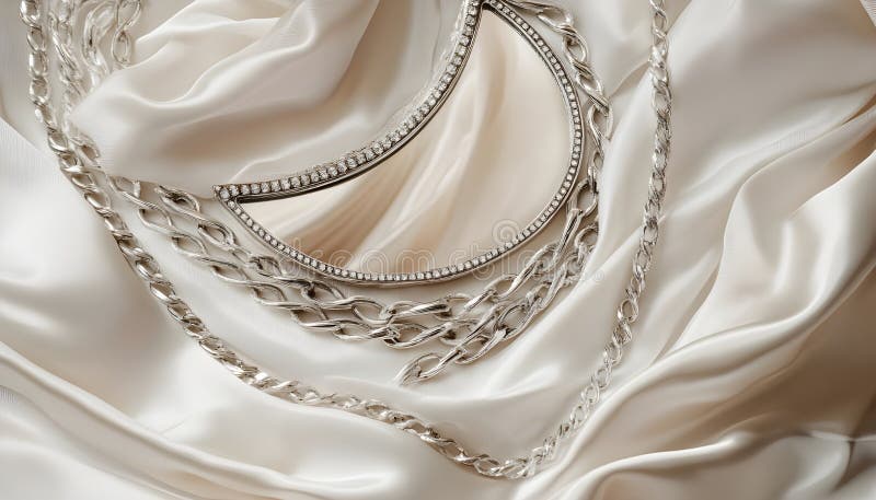 Metal Chains and Mirror on White Fabric. Luxury Jewelry Stock Image ...