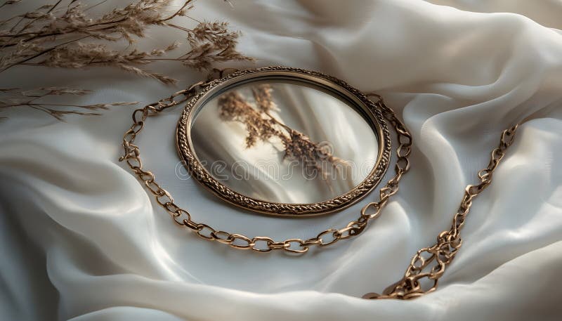 Metal Chains and Mirror on White Fabric. Luxury Jewelry Stock Photo ...