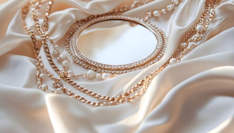 Metal Chains and Mirror on White Fabric. Luxury Jewelry Stock Photo ...