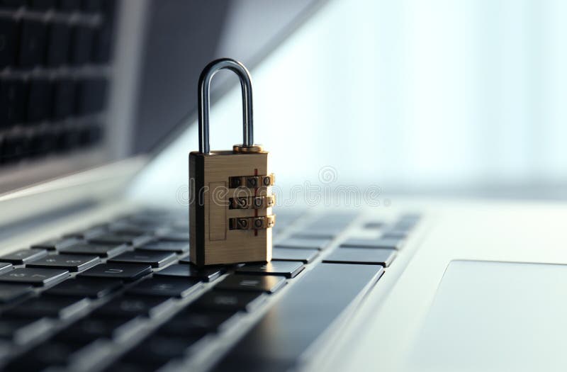 Metal Code Padlock on Laptop Keyboard, Space for Text. Cyber Security ...