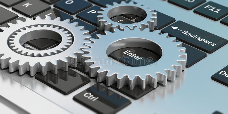 Metal Cogwheels on a Computer Keyboard. 3d Illustration Stock ...