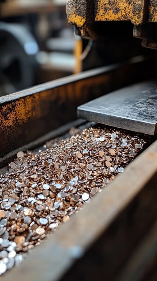 Metal Coins Being Processed in Machine, Showcasing Transformation and ...