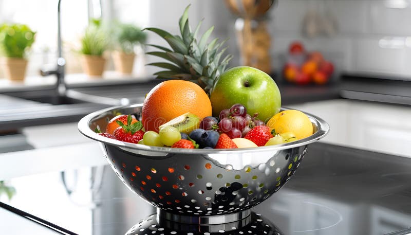 Metal Colander with Different Fruits on Countertop in Kitchen Stock ...