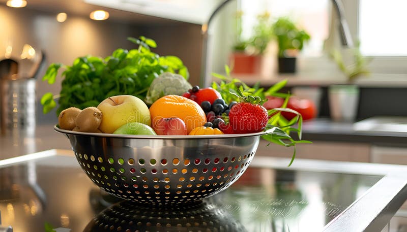 Metal Colander with Different Fruits on Countertop in Kitchen Stock ...