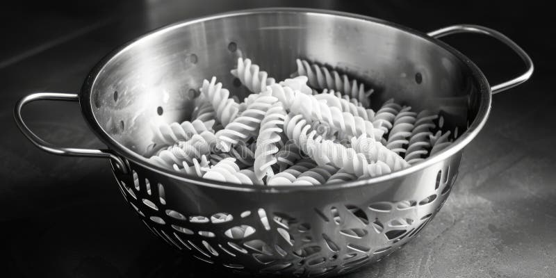 A Metal Colander Filled with Pasta Sitting on a Kitchen Counter Stock ...