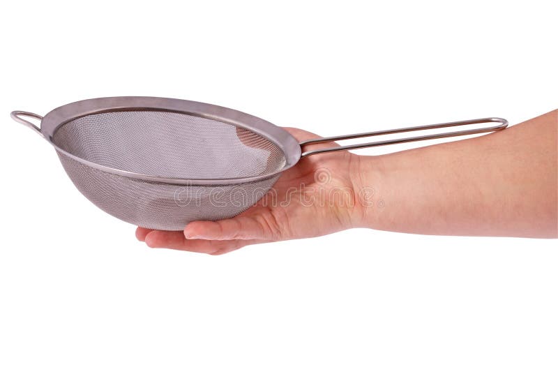 Metal colander in hand stock photo. Image of iolated - 81861896
