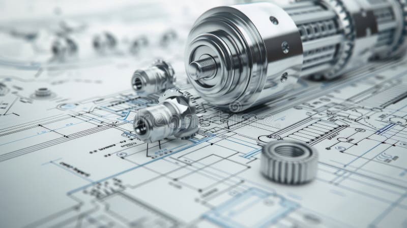 Metal Components and Technical Blueprints on a Workbench, Showcasing ...