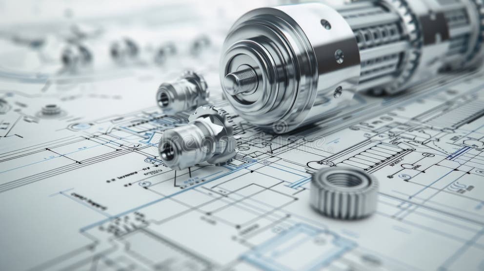 Metal Components and Technical Blueprints on a Workbench, Showcasing ...