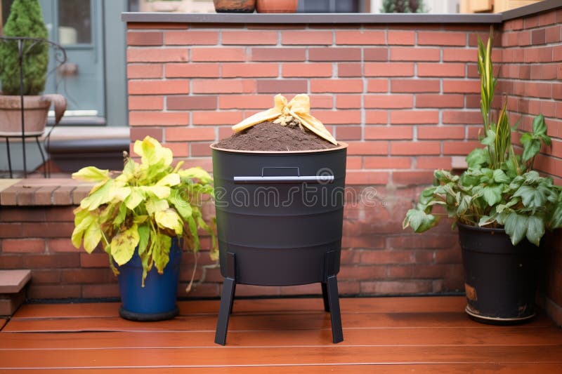 Metal Compost Bin Standing on Brick Patio Stock Photo - Image of ...