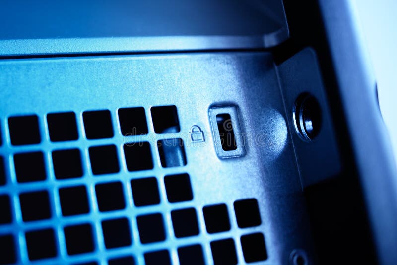 Metal Computer Lock on a Blue Server Workstation Stock Image - Image of ...