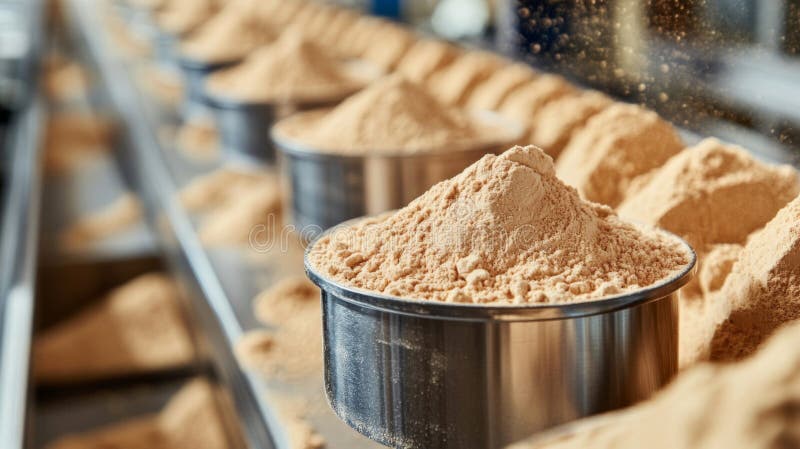 Metal Containers Filled with Light Brown Powder on a Conveyor Belt ...