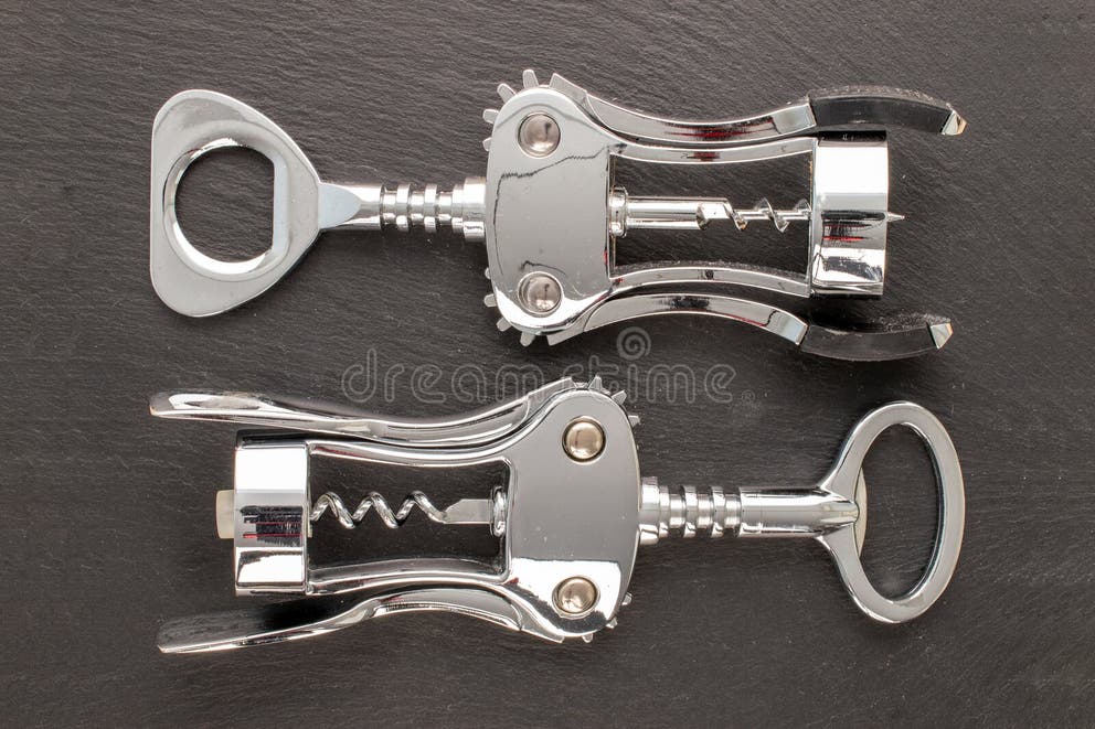 Metal Corkscrew on Slate Stone, Macro, Top View. a Corkscrew is a ...