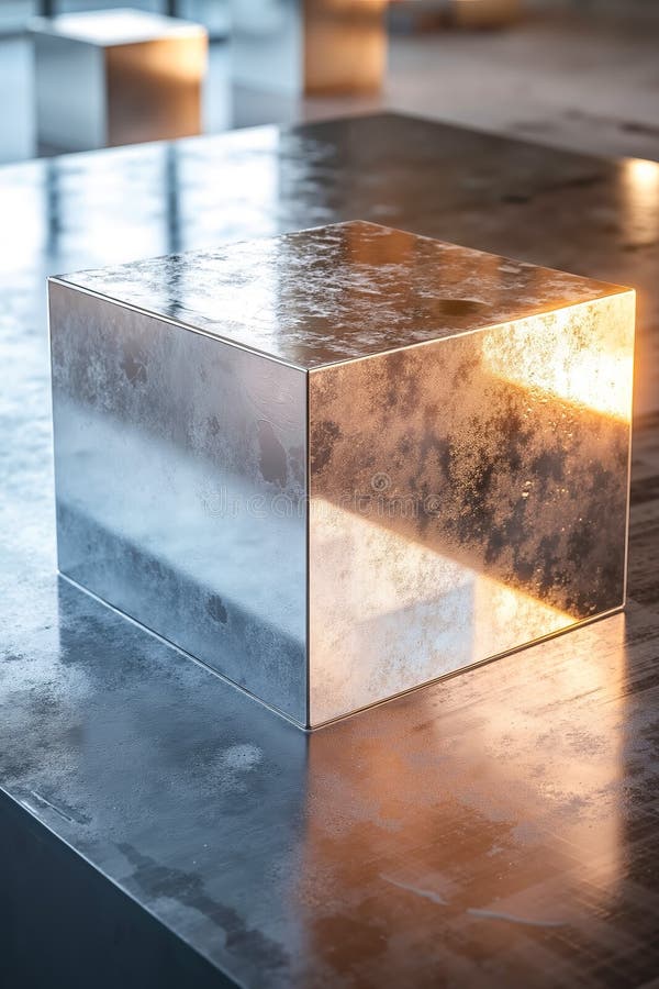 A Metal Cube Sitting on Top of a Table Stock Image - Image of clean ...