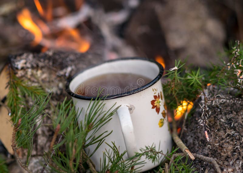 Metal Cup with Tea Heats by the Fire, Autumn Time, Burning Firewood ...
