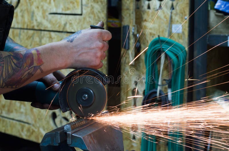 Metal cutting by grinder stock image. Image of metal - 150230689