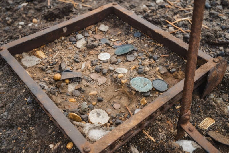 Metal Detector Frame with Old, Rusty Coins Scattered on the Ground ...