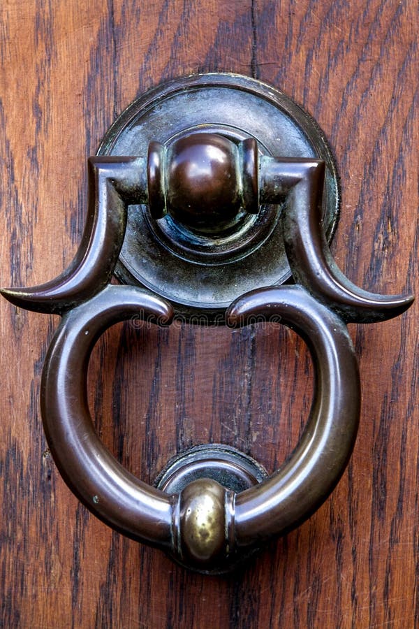Metal Door Handle on Wooden Door. Stock Image - Image of close ...