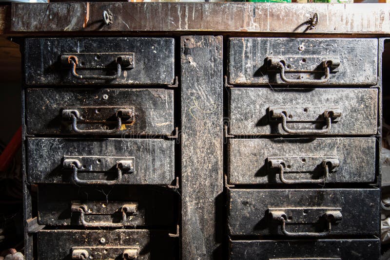 Metal Drawers on Rustic Cabinet Stock Photo - Image of workbench, door ...