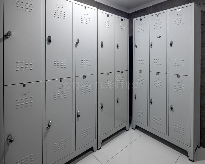 Metal Dressing Cabinets. Locker Room for Workers with Ceramic Tile ...