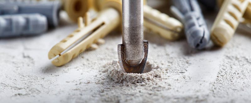 Metal Drill Bit Make Holes in Concrete Wall with Industrial Drill ...