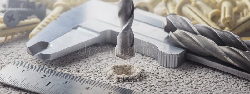 Metal Drill Bit Make Holes in Concrete Wall with Plastic Dowel, Wall ...