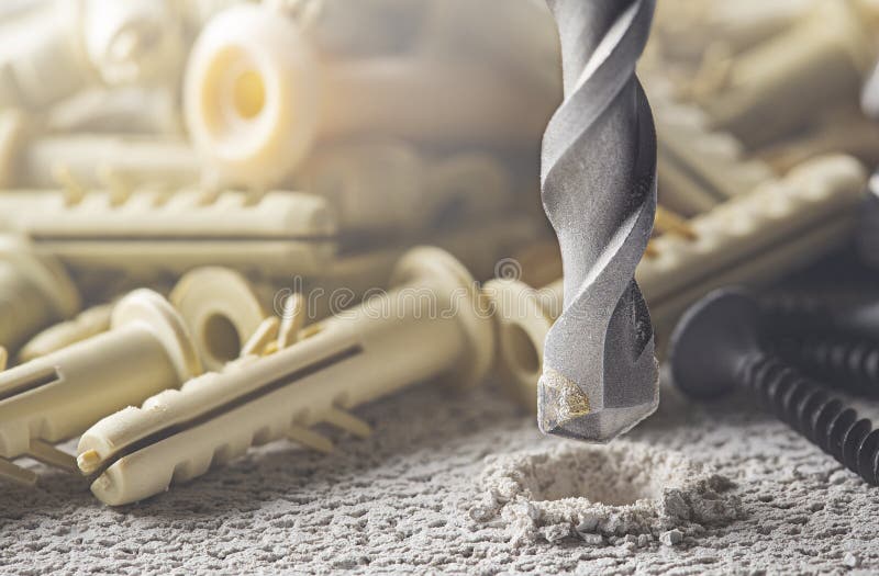 Metal Drill Bit Make Holes in Concrete Wall with Plastic Dowel, Wall ...