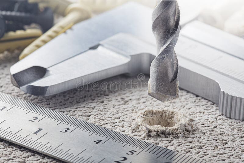 Metal Drill Bit Make Holes in Concrete Wall with Plastic Dowel, Wall ...