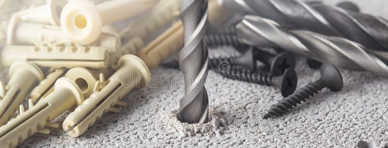 Metal Drill Bit Make Holes in a Concrete Wall with Plastic Dowel, Wall ...