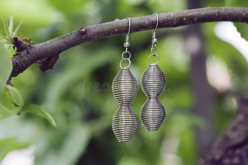 Metal Earrings Hanging on the Tree Stock Photo - Image of modern, model ...