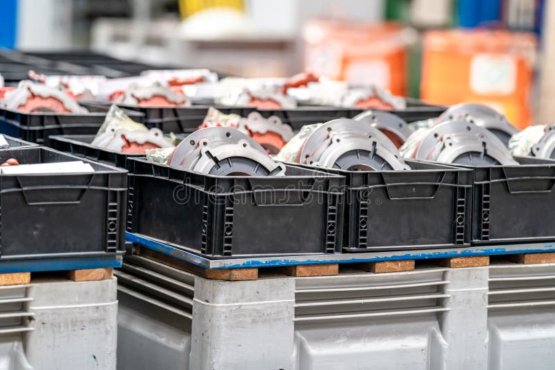 Metal Engine Parts in Crates at the Factory Stock Image - Image of ...